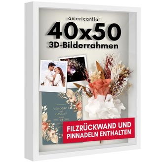 Americanflat 3D-Bilderrahmen zum Bef&uuml;llen - 40x50 cm - tiefer Objektrahmen mit weichem Leinentuch als R&uuml;ckwand - MDF-Holzrahmen mit bruchsicherem Plexi-Scheibe und