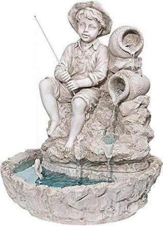 Design Toscano KY697 Little Fisherman at The Fishin Hole Skulpturaler Brunnen, antikes Stein-Finish