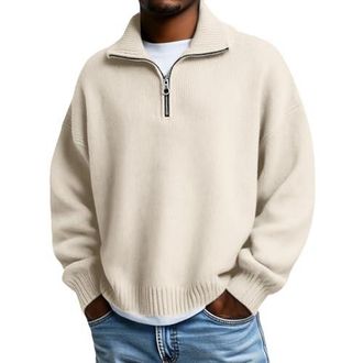 Generic DENGJIAMY Pull en tricot pour homme avec fermeture &eacute;clair quart de long, chemise unie, manches longues, v&ecirc;tements d&eacute;contract&eacute;s &agrave; col rond, sweat-shirt
