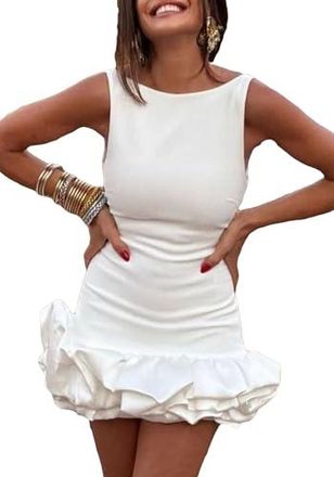 Generic Mini robe &agrave; bulles y2k pour femmes sans manches &agrave; volants fronc&eacute;s ourlet &agrave; plusieurs niveaux col montant dos nu club party tank robes courtes (Blanc,T