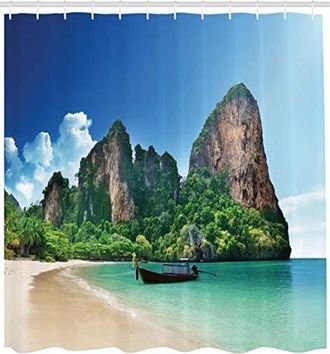 Abakuhaus Tropical Rideau de Douche, Tha&iuml;lande Rocher Cliff Beach, Tissu Ensemble de D&eacute;cor de Salle de Bain avec Crochets, 175 x 200 cm, Vert Turquoise