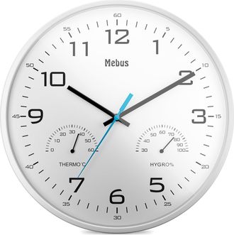 Mebus moderne Quarz-Wanduhr mit Temperaturanzeige und Luftfeuchtigkeit, 30 cm Durchmesser groß, Wohnzimmer, Küchenuhr, Rund / Modell: 16181 / Farbe: Weiß