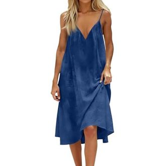 Generic Robe de plage pour femme - Robe d&eacute;t&eacute; mi-longue &agrave; bretelles spaghetti - Col en V - Dos profond - D&eacute;contract&eacute;e - M&eacute;lange de coton doux - Robe d&eacute;t&eacute; fluid