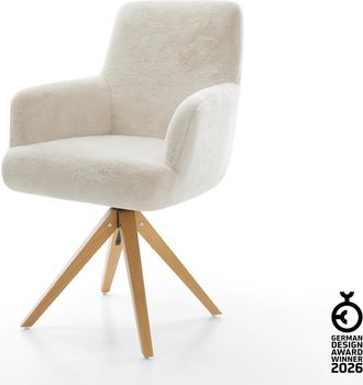 DELIFE Drehstuhl Heira-Flex mit Armlehnen Pl&uuml;sch Creme-Wei&szlig; Holzgestell kantig Natur 180&deg; drehbar Taschenfederkern, Esszimmerst&uuml;hle