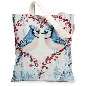 Generic Sac fourre-tout en toile motif geai bleu pour faire du shopping, 33 x 38,1 cm, sac &agrave; bandouli&egrave;re r&eacute;utilisable pour femme, motif for&ecirc;t enneig&eacute;e, d&eacute;cora