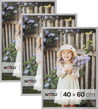 Woltu Bilderrahmen 40x60, 3er Set, Fotorahmen aus Massivholz und PS-Platte, Holzrahmen mit Passepartout, zum vertikalen oder horizontalen Aufh&auml;ngen/Aufstell