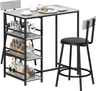 HOMCOM Set Bartisch mit Hockern, Steh-Esstisch mit 2 Barstühlen, Küchen-Hochtisch mit Regalen, Bar-Hochtisch und 2 Hocker für Esszimmer, Küche, grau und schw