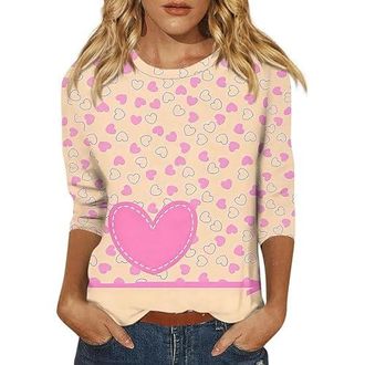 Generic Haut de Saint-Valentin &agrave; manches 3/4 pour femme - T-shirt tendance &agrave; col rond - Motif coeur - Tunique d&eacute;t&eacute; - Chemisier d&eacute;contract&eacute; pour le printemps -