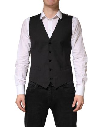 Dolce & Gabbana Black Wool Dress Men Formal Waistcoat Vest Virgin Elastane