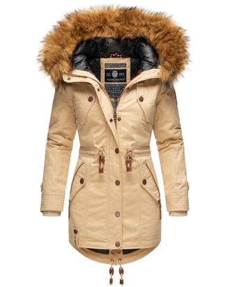 Marikoo warme Damen Winter Jacke Winterjacke Parka Mantel Kunstfell Kapuze B813 [B813-Lav-Pri-Beige-Gr.XS]