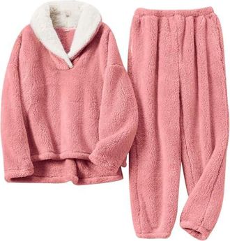 Generic Ensemble de pyjama en polaire pour femme - 2 pi&egrave;ces - V&ecirc;tement de nuit pelucheux pour lhiver, rose, L