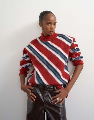 Topshop gestrickter Pullover mit Rollkante und Streifen in Rot-Multi