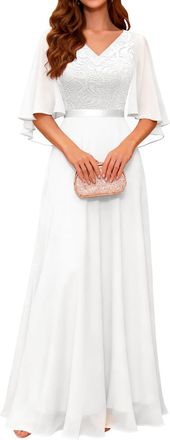 Dresstells Abendkleider Damen Kleid Hochzeit Festlich Chiffon Cape &Auml;rmel Brautkleid Standesamt Wei&szlig; Bodenlang Sommerkleid Gro&szlig;e Gr&ouml;&szlig;en V-Ausschnitt Elegantes Par