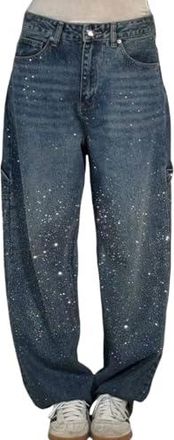 Generic Jean décontracté à strass pour femme, taille haute, style baggy, coupe droite, coupe ample, bleu, XL