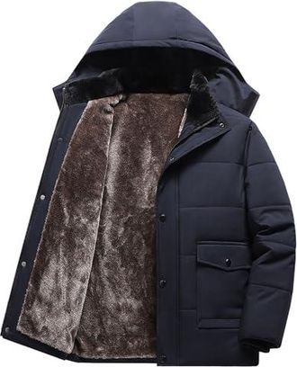 Generic Doudoune dhiver chaude pour homme, parka &eacute;paisse, imperm&eacute;able et coupe-vent avec capuche amovible en fausse fourrure, bleu marine, taille M