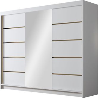 Mirjan24 Kleiderschrank mit Goldverzierung Aramao VI 250 cm Breit, Garderobenschrank mit Spiegel, Schlafzimmerschrank mit Kleiderstange und Einlegeb&ouml;den f&uuml;r Kl