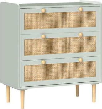 HOMCOM Commode 3 tiroirs Commode Chambre Meuble de Rangement Style bohème avec Cadre en Bois, Commode en rotin pour Chambre à Coucher, Salon, entrée, 80 x 40