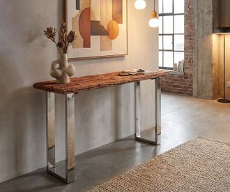 DELIFE Konsole Gravio 140x40 Altholz Braun Gestell Edelstahl poliert, Beistelltische