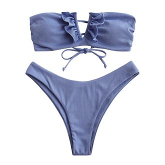 Zaful V-Verdrahtet Gerippt Fest Hoher Schnitt Bandeau Bikini Set Gepolstert Zwei St&uuml;cke Badeanzug Bademode f&uuml;r Damen (C-Blau,M)