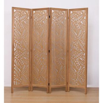 PEGANE Paravent ajour&eacute;, s&eacute;parateur de pi&egrave;ce en bois avec motifs feuille, 4 pans coloris brun clair - Hauteur 170 x longueur 160 cm