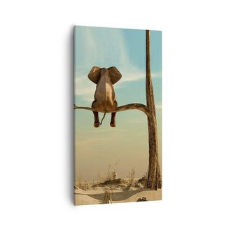 Arttor Bilder auf Leinwand 55x100cm Leinwandbild mit Rahmen Elefant sitzend Ast Groß Wanddeko Bild Schlafzimmer Küche Deko Wandbilder Dekoration Wohnzimmer W