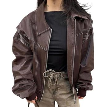 Generic Veste bomber surdimensionn&eacute;e en cuir patchwork vintage avec fermeture &eacute;clair pour femme, marron, XL