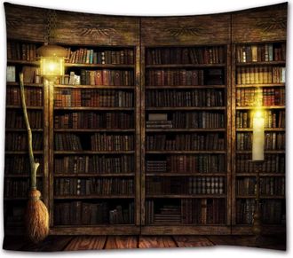A.Monamour Wandteppiche Magic Retro Vintage Bücherregal Bücherregal Voller Bücher Märchenszene Abstrakten Hintergrund Boho Hippie Mandala Wandbehang Tapisserie W