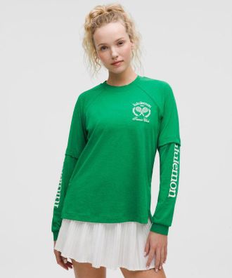 lululemon Langarm-T-Shirt im Lagenlook Tennis Club für Frauen - Größe 10 in Raceway Green/White