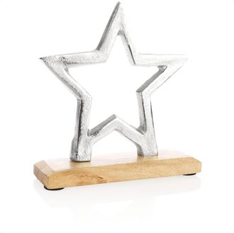 Com-Four Premium Deko-Aufsteller Stern - Stern-Statue aus vernickeltem Aluminium auf Sockel aus Mangoholz - Deko-Stern zum Hinstellen - tolle Sterndeko (silber