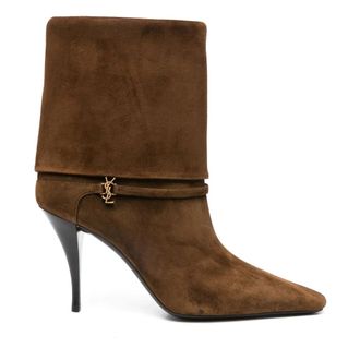 Saint Laurent Braune Leder-Ankle Boots im Cassandre-Stil - - Shoes - Damen - Braun - 38 1/2 EU