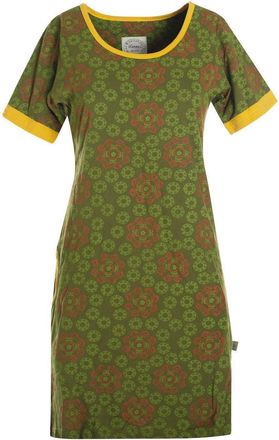 vishes Alternative Bekleidung - Kurzarm Damen Hippie T-Shirt Kleid Blumen Tunika Jerseykleid Baumwolle Olive 48-50