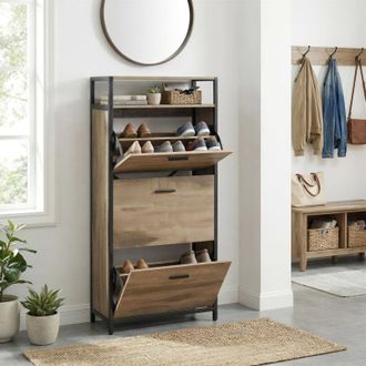 Vasagle Armoire &agrave; Chaussures Mince, avec 3 Abattants, Capacit&eacute; 12-18 Paires, Anti-poussi&egrave;re, 30 x 60 x 130 cm, Marron et Noir