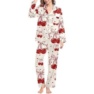 Generic Pyjama long pour femme pour la Saint-Valentin 2026 - Doux et confortable - Col en V - Pyjama mignon, rose, L