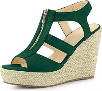 Allegra K Sandales compensées à talons compensés et fermeture éclair pour femmes Vert émeraude 38