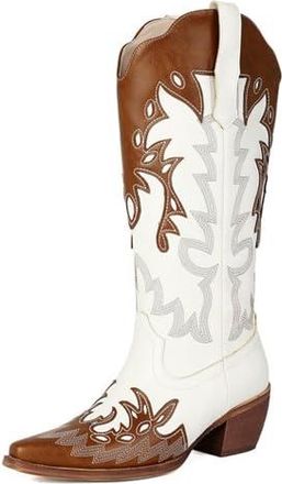 Generic Bottes déquitation à bout carré et talon épais pour femme - Motif patchwork - Style western cowgirl, blanc, 37.5 EU