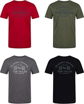 Tom Tailor Lot de 4 t-Shirts à col Rond pour Homme - Manches Courtes - Coupe Droite - Imprimé été - 100% Coton - Noir - Blanc - Rouge - Bleu - Gris - Noir dobsid