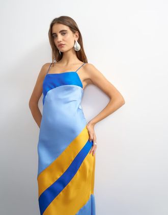 Topshop Robe longue satin&eacute;e &agrave; d&eacute;coupes contrastantes - Bleu et orange