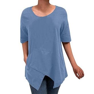 Generic Chemisiers d&eacute;t&eacute; pour femme - Grande taille - Manches quart - T-shirts en coton pour femme - Coupe ample - Chemise en lin boh&egrave;me ample - Haut blanc - H