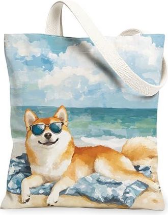 Generic Sac fourre-tout d&eacute;t&eacute; en toile &agrave; poils courts pour faire du shopping, 33 x 38,1 cm, sac d&eacute;picerie r&eacute;utilisable pour femme, peinture esth&eacute;tique, d&eacute;corat