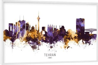 artboxONE Poster mit wei&szlig;em Rahmen 90x60 cm St&auml;dte Tehran Iran Skyline PurpleGold - Bild tehran Iran Painting
