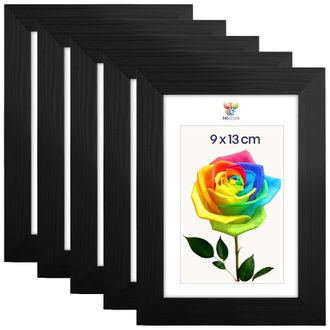 MG Design 5er Set Bilderrahmen 9 x 13 cm - Fotorahmen mit Schwarz Echtholzrahmen und bruchsicherem Acrylglas, Hoch & Quer zum Aufh&auml;ngen, zum Aufstellen
