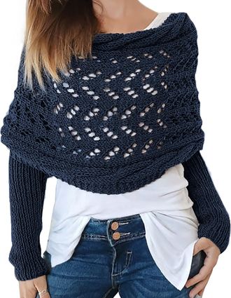 ICEGREY Schal Mit ärmeln für Damen, Gestrickter Zopfmusterschal, Winter Pullover Schal, Sweater Scarf with Sleeves, Strickschal, Marineblau