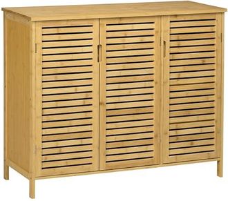HOMCOM Meuble &agrave; Chaussures, Armoire &agrave; Chaussures, &eacute;tag&egrave;res et 3 Portes ajour&eacute;es, en Bambou, Style Naturel, 100 x 35 x 80 cm, Bois Naturel