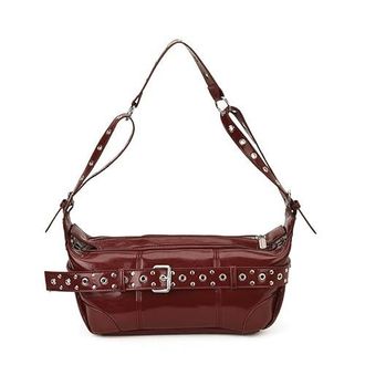Generic Sac &agrave; main en cuir synth&eacute;tique avec rivets sous les bras et boucle de ceinture pour femme, travail, shopping, voyage, quotidien, rouge vin, 13.58x5.71