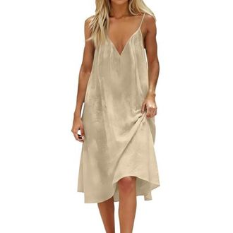 Generic Robe de plage pour femme - Robe d&eacute;t&eacute; mi-longue &agrave; bretelles spaghetti - Col en V - Dos profond - D&eacute;contract&eacute;e - M&eacute;lange de coton doux - Robe d&eacute;t&eacute; fluid