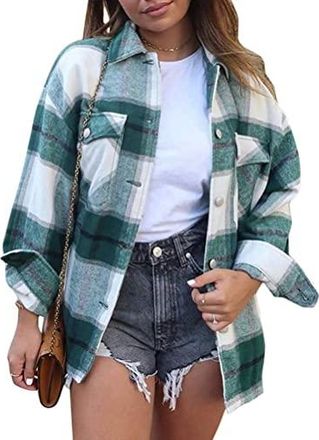TOMWELL Surchemise en Laine Femme Veste a Carreaux Chemise D&eacute;contract&eacute; Oversized Femme Blouse 1 VertM