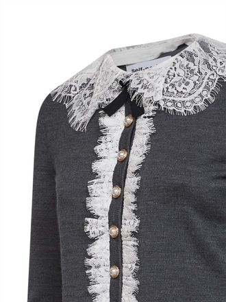 Self Portrait Lace-Collar Wool Knit Cardigan - Gray