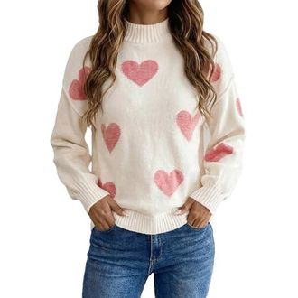 Generic Pull en tricot Intarsia Coeur de la Saint-Valentin 2026 - Demi col roul&eacute; souple style resort, rose, M