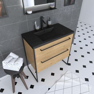 Aurlane Aurlane - meuble de salle de bain 80x50cm chêne brun - 2 tiroirs chêne brun- vasque résine noire effet pierre