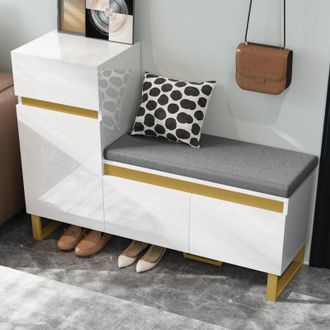 STILVORA Meuble &agrave; Chaussures avec 2 Portes et 1 Tiroir, Banc &agrave; Chaussures avec Coussin, Brillance, en MDF, Noir, 120&times;35&times;85 cm